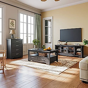 LINSY HOME Farmhouse Coffee Table with Storage, Wood Coffee Table for Living Room, Open Display Area and Storage Drawers with Metal Handles, Chic Style with Curved Base, Black