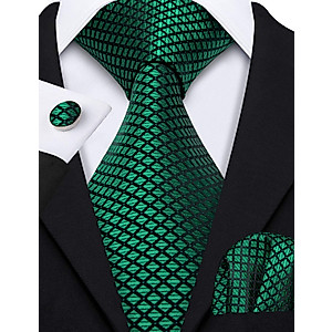 Barry.Wang Mens Ties Silk Tie Pocket Square Cufflinks Set Woven Designer Emerald Green
