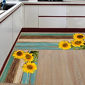 Housein Kitchen Rugs and Mats Non Skid Washable, Wooden Texture Sunflower Absorbent Floor Runner Rugs and Carpets for Kitchen, Lau 15.7x23.6 inch+15.7x47.2 inch