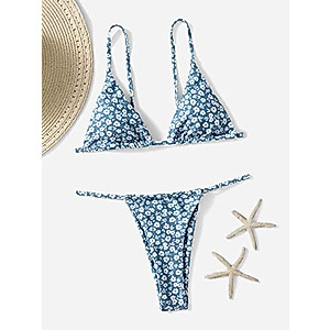 WDIRARA Women's Floral Print Tie Side Swimwear Straps Bikini Sets Swimsuits Blue White XS