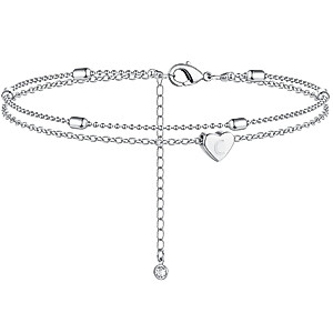 Moodear Silver C Initial Ankle Bracelets for Women - Waterproof Layered Sterling Silver Anklets Dainty Heart Charm Letter Anklet for Her