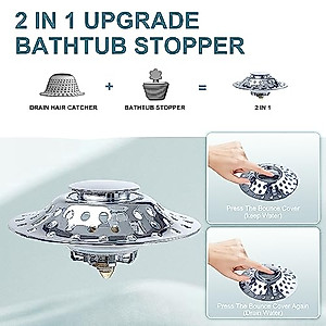 Universal 2 in 1 Bathtub Stopper & Drain Hair Catcher ， Upgraded Pop Up Tub Stoppers with Dual Filtration Design ，Anti-Clogging Bathtub Drain Cover，Bath Tub Drains Plug for 1.4"-2.0" Drain Hole