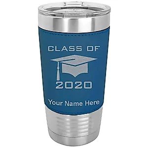 LaserGram 20oz Vacuum Insulated Tumbler Mug, Grad Cap Class of 2023, 2024, 2025, 2026, 2027, Personalized Engraving Included (Faux Leather, Blue)