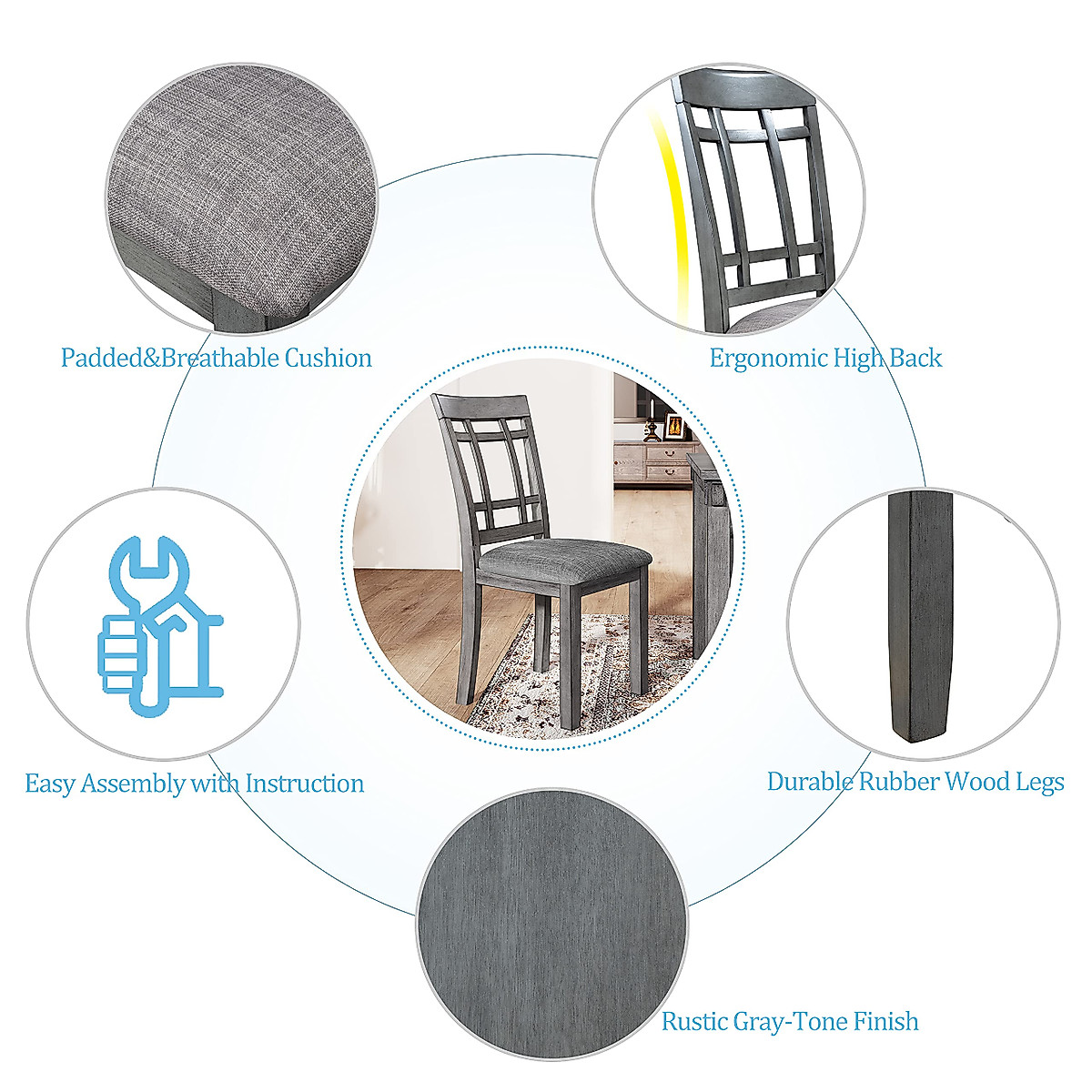 LUMISOL 6 Piece Dining Room Table Set with Bench and Chairs Upholstered Seating, Solid Wood Kitchen Dining Furniture Set Farmhouse Style