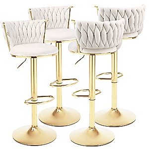HANLIVES Velvet Bar Stools Set of 4,360° Woven Modern Gold Bar Stools,Swivel Adjustable Height Barstools with Backs Gold Metal Tall Kitchen Counter Chairs for Bar Pub Cafe(Beige*4)
