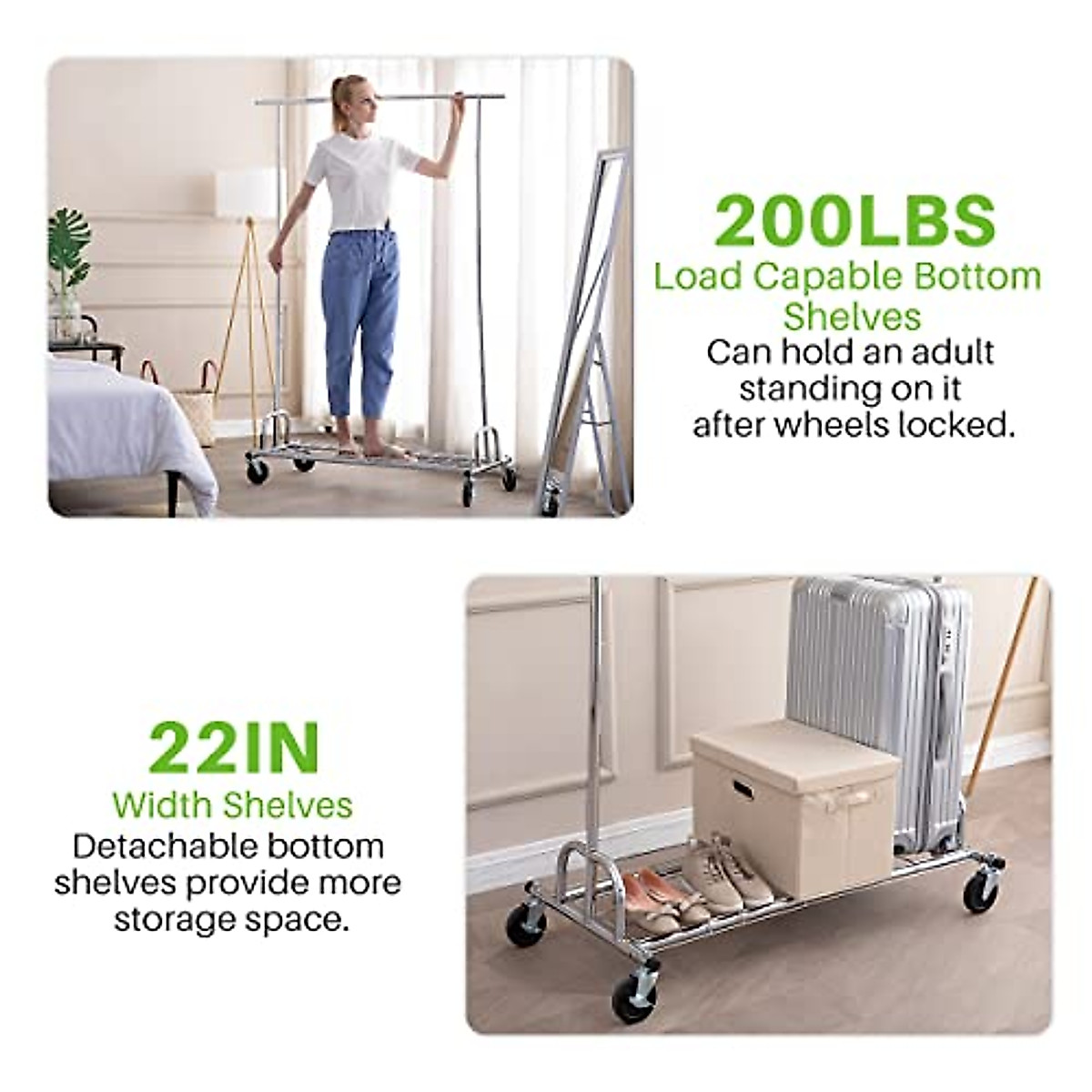 HOKEEPER Clothing Garment Rack with Shelves Capacity 450 lbs Clothing Racks on Wheels Rolling Clothes Rack for Hanging Clothes Heavy Duty Portable Collapsible Commercial Garment Rack Chrome