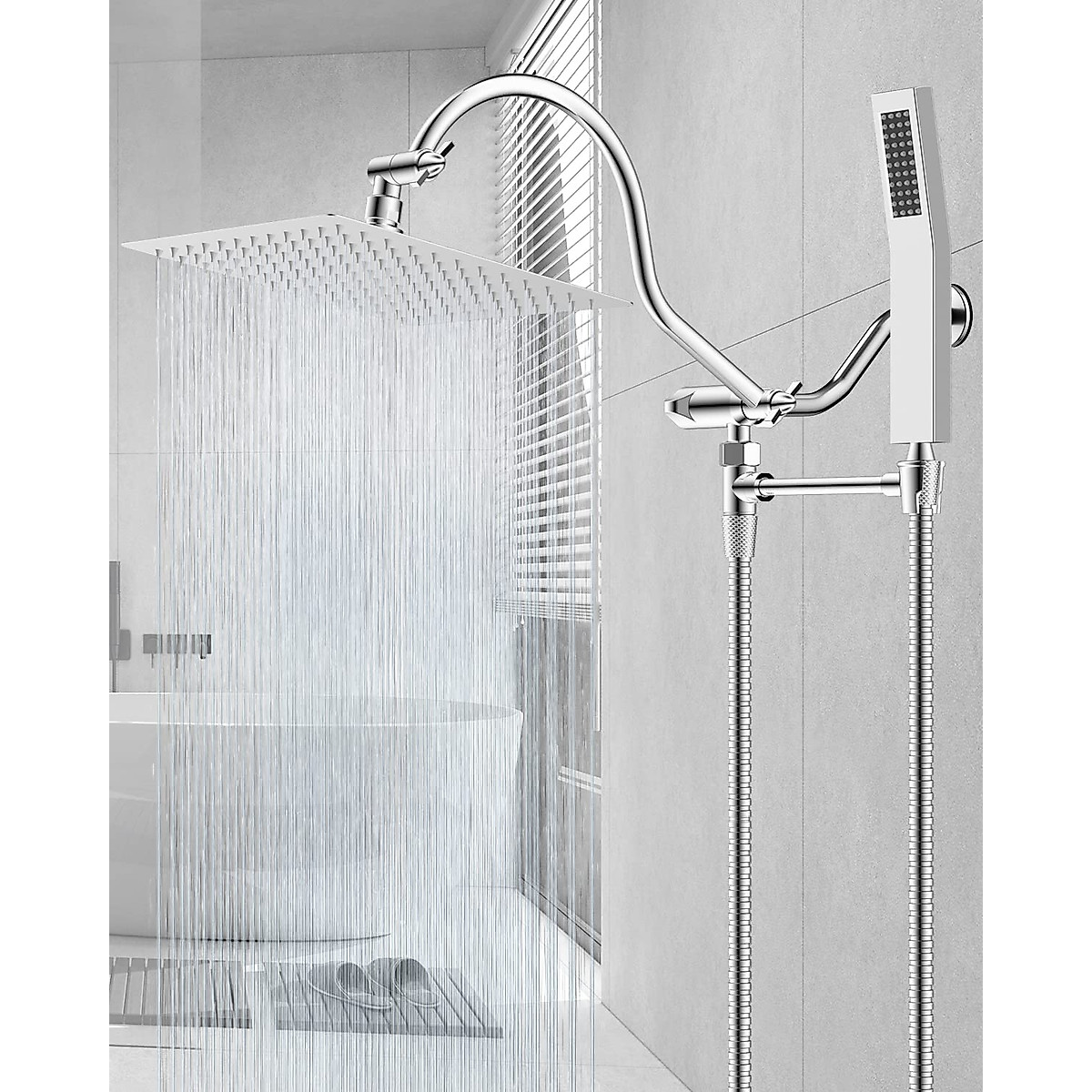 Hibbent All Metal Shower Head, 10'' High Pressure Rainfall Shower Head, Showerhead Combo/Handheld Shower Wand, 12'' Adjustable Curved Shower Extension Arm, 71'' Hose, 2 Shower Head Holders, Chrome