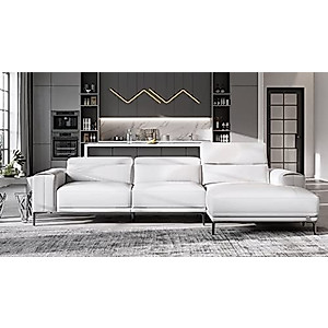 Zuri Furniture Rousso Leather Sectional with Ratcheting Headrests and Right Chaise in White