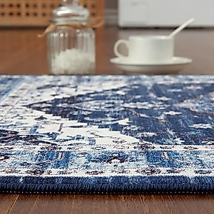 COZYLOOM Ultra-Thin Washable Rug 5x7 Non-Slip Rug Indoor Medallion Distressed Floor Carpet for Living Room Bedroom Oriental Floral Throw Carpet Non-Shedding Foldable Low Pile Floor Cover Blue