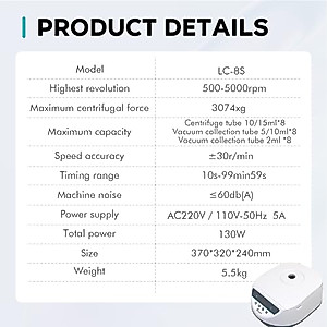 LAB FISH Lab Benchtop Centrifuge Machine 8 x 2ml/5ml/10ml/15ml Capacity Test Tubes,Low Speed 500-5000r/min,Max 3074xg RCF