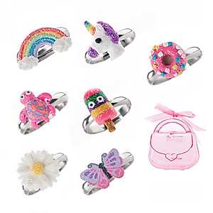 minihope Adjustable Rings Set for Little Girls - Colorful Cute Unicorn Butterfly Rings for Kids, Children's Jewelry Set of 7