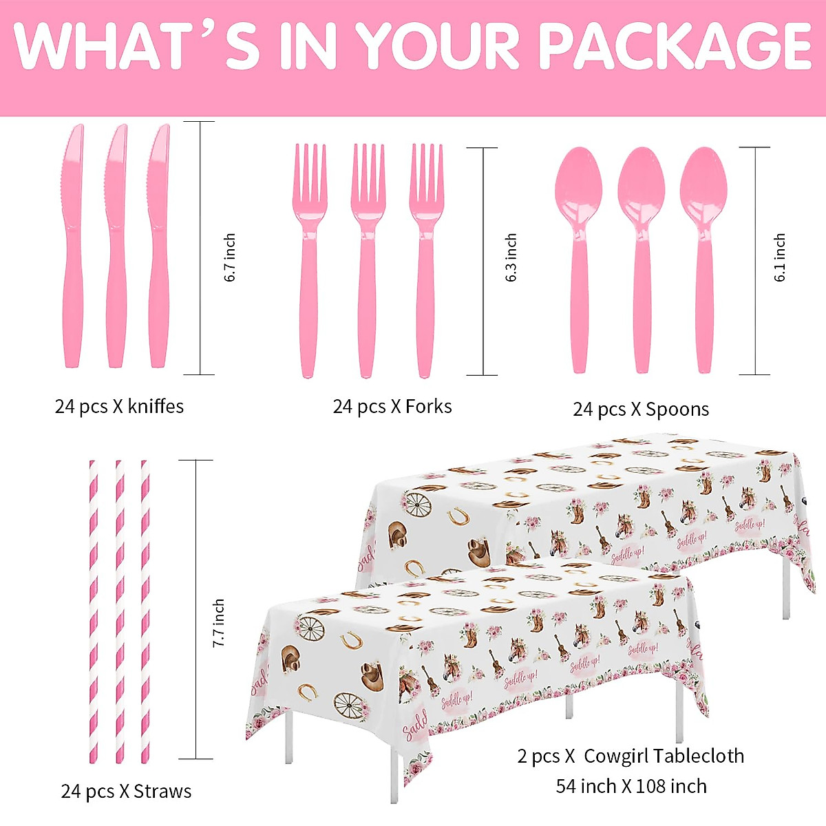 HIPVVILD Cowgirl Party Decorations Tableware - Horse Theme Saddle Up Western Party Supplies, Plate, Cup, Napkin, Cutlery, Tablecloth, Wild West Cowgirl Birthday Baby Shower Decorations | Serve 24