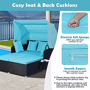 Salches Outdoor Daybed, Patio Daybed with Retractable Canopy, High-Resilient Soft Cushions, Foldable Side Trays, Outdoor Bed Loveseat for Garden, Backyard, Porch (Turquoise)