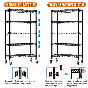 Hodonas Metal Shelving Unit with Wheels, 5-tier Wire Shelving with Adjustable Shelves for Storage, Freestanding Heavy Duty Metal Wire Storage Shelf Rack for Pantry Garage Kitchen, 36"W x 14"D x 75"H