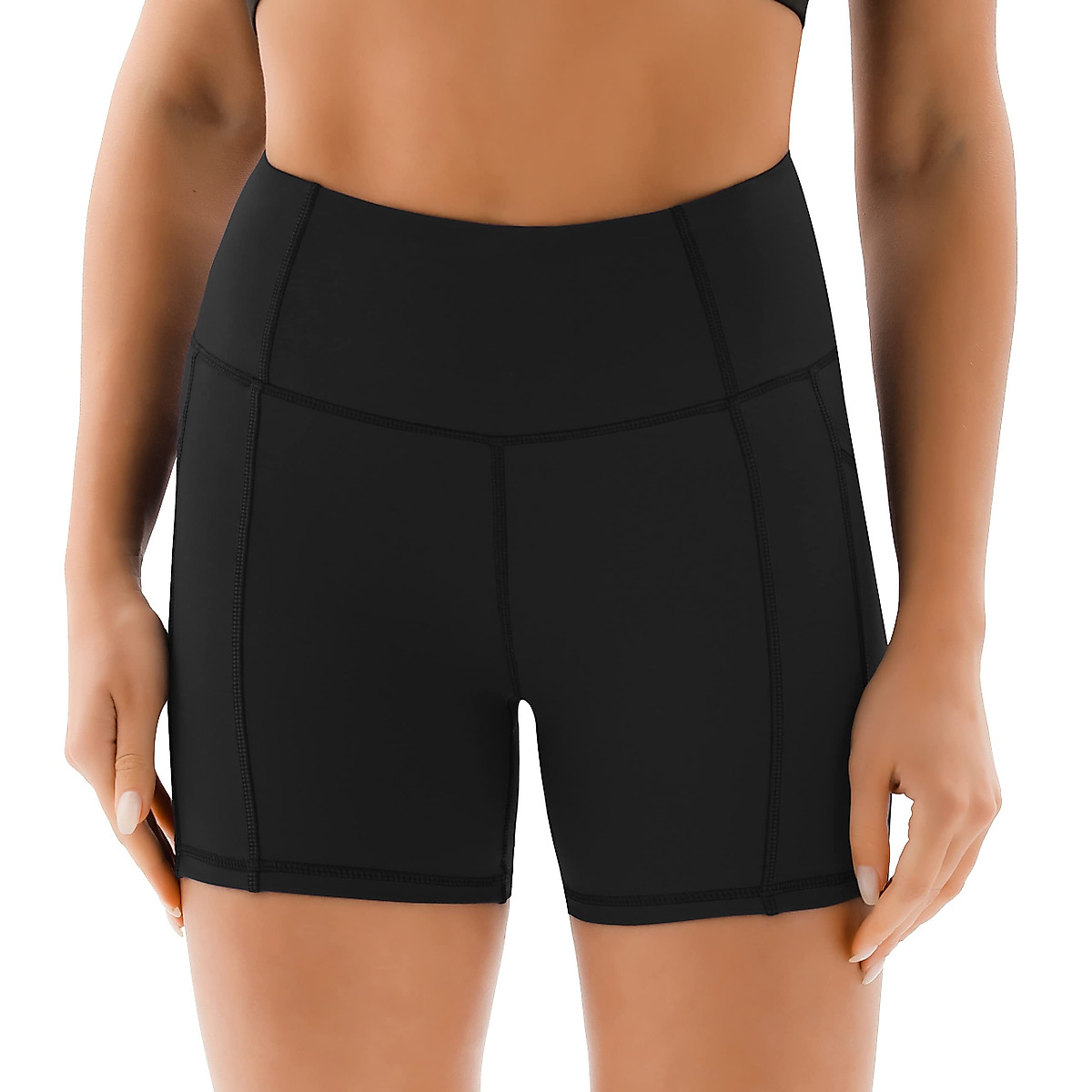 PERSIT Yoga Shorts for Women with Pockets High Wasited Running Athletic Biker Workout Shorts Tight Gym Shorts Yoga Pants - Black - M