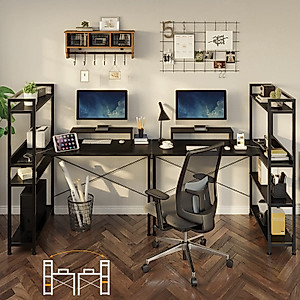 Rolanstar Computer Desk with Shelves, 47 Inch Home Office Desk with Power Outlet, Writing Table Workstation with Monitor Stand and Reversible 4-Tier Bookshelf, Study Corner Desk for Small Space, Black