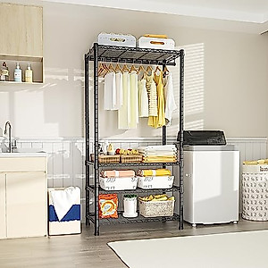 Ulif H2 Heavy Duty Clothes Rack, Freestanding 4 Tiers Garment Rack for Hanging Clothes with Shelves and Hangers, Closet Organizers and Storage Metal Closet Wardrobe System, Max Load 500 LBS, Black