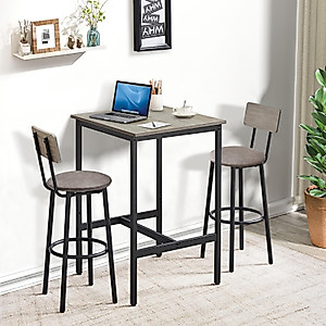 Noskatu 3-Piece Dining Table Set for 2, Modern Bar Table and Chairs Set for Small Space Kitchen Wooden Square Dinette Set with PU Padded Chairs Metal Frame for Apartment Breakfast Nook, Grey