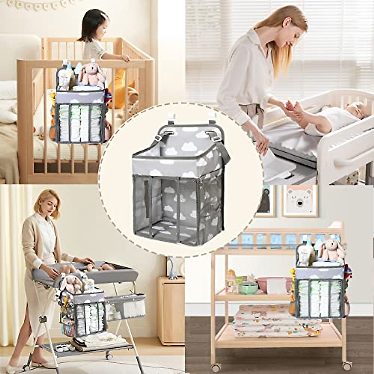 Yoe Gogh Hanging Diaper Caddy Organizer, Changing Table Baby Diaper Organizer with 4-Multi-Use Mesh Pockets, Nursery Storage Stacker for Cribs Playard Bassinet