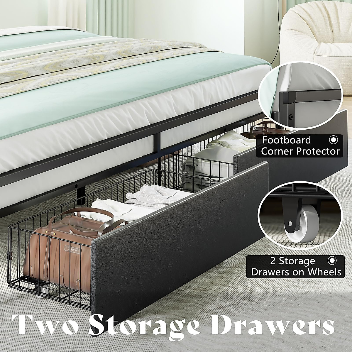 AMERLIFE LED Bed Frame with Drawers, Queen Platform Bed Frame with 2-Tier Storage & Leather Upholstered & Charging Station Headboard, No Box Spring Needed, Easy Assembly, Noise Free, Black