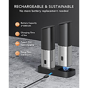 Gravity Electric Salt and Pepper Grinder Set, 𝐔𝐩𝐠𝐫𝐚𝐝𝐞𝐝 Large Capacity, USB Rechargeable Automatic One Hand Operated, Adjustable Coarseness, Auto Dust Lid, LED Light, Stain Steel Grey, 2 Mills