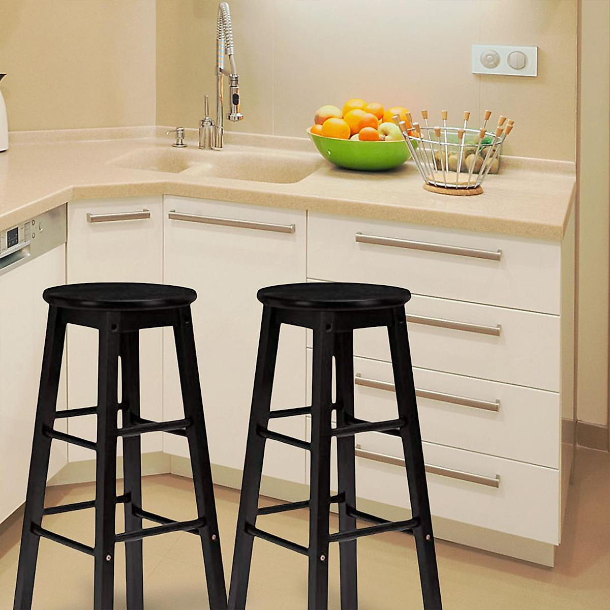 PJ Wood Classic Round Seat 24 Inch Tall Kitchen Counter Stools for Homes, Dining Spaces, and Bars with Backless Seats, Square Legs, Black, Set of 2