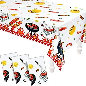Plastic BBQ Party Tablecovers 86 x 51 inches Disposable Printed BBQ Party Tablecloth for Outdoor Indoor Birthday Barbecue Party Decoration Stain Resistant and Easy to Clean(3 Pack)