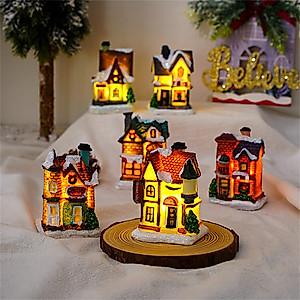 Christmas Village Sets LED Lighted Christmas Village Houses with Figurines, Christmas Village Collection Indoor Room Decor Collectible Buildings (6 Pack)