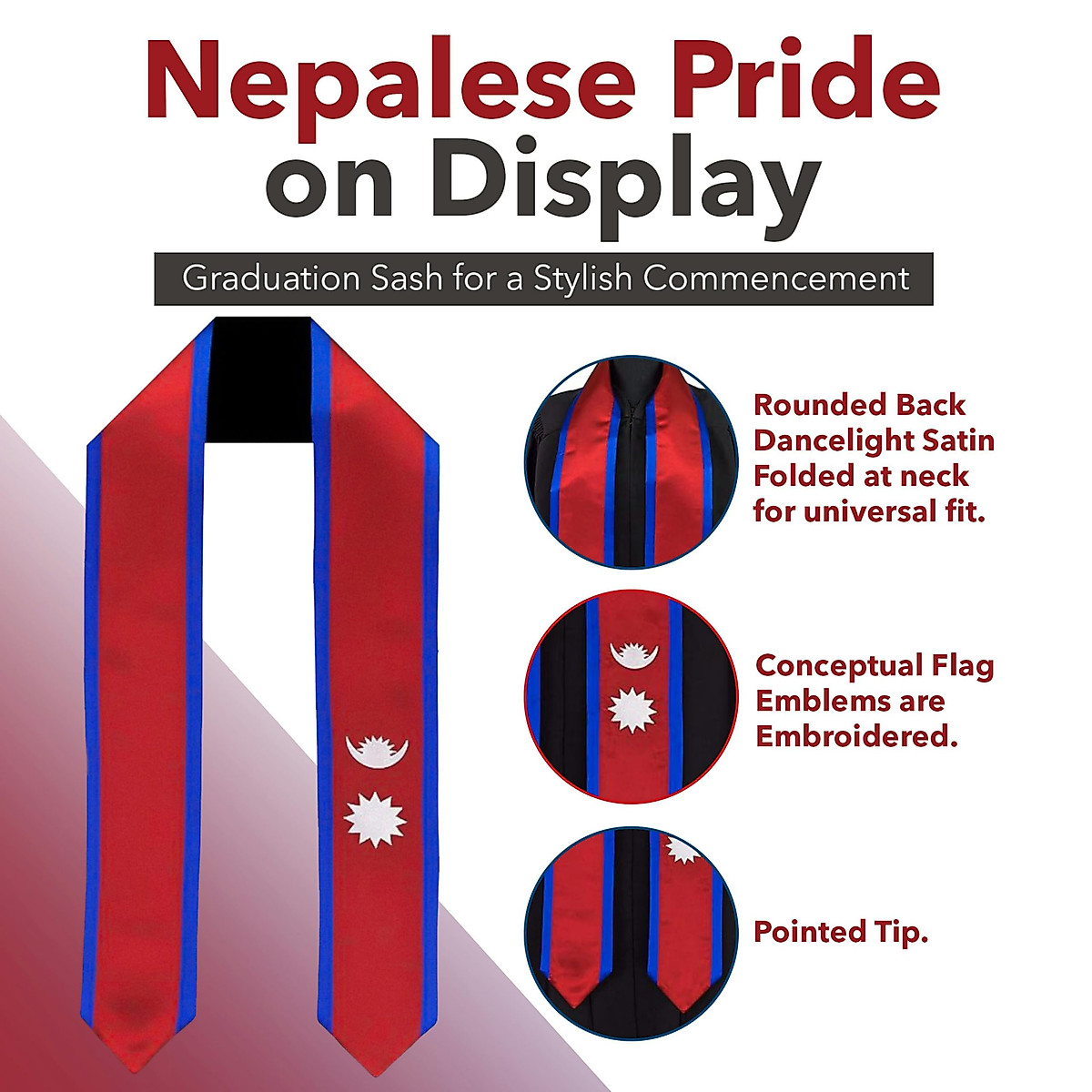Vision Wear - Nepal Flag Graduation Sash/Stole - Majestic Cultural Emblem - Celebrate Your Heritage - Nepali Pride & Honor Sash