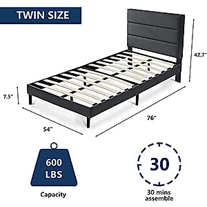 Molblly Twin Bed Frame with Headboard, Upholstered Platform Bed Frame, No Box Spring Needed, Non-Slip and Noise-Free, Easy Assembly,Dark Grey