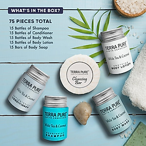 Terra Pure White Tea & Coconut Toiletries Set | 1-Shoppe Amenities Kit | 1oz Liquids, 1.25oz Bar Soap | Hotels, Airbnb & Rentals | 75 Pieces