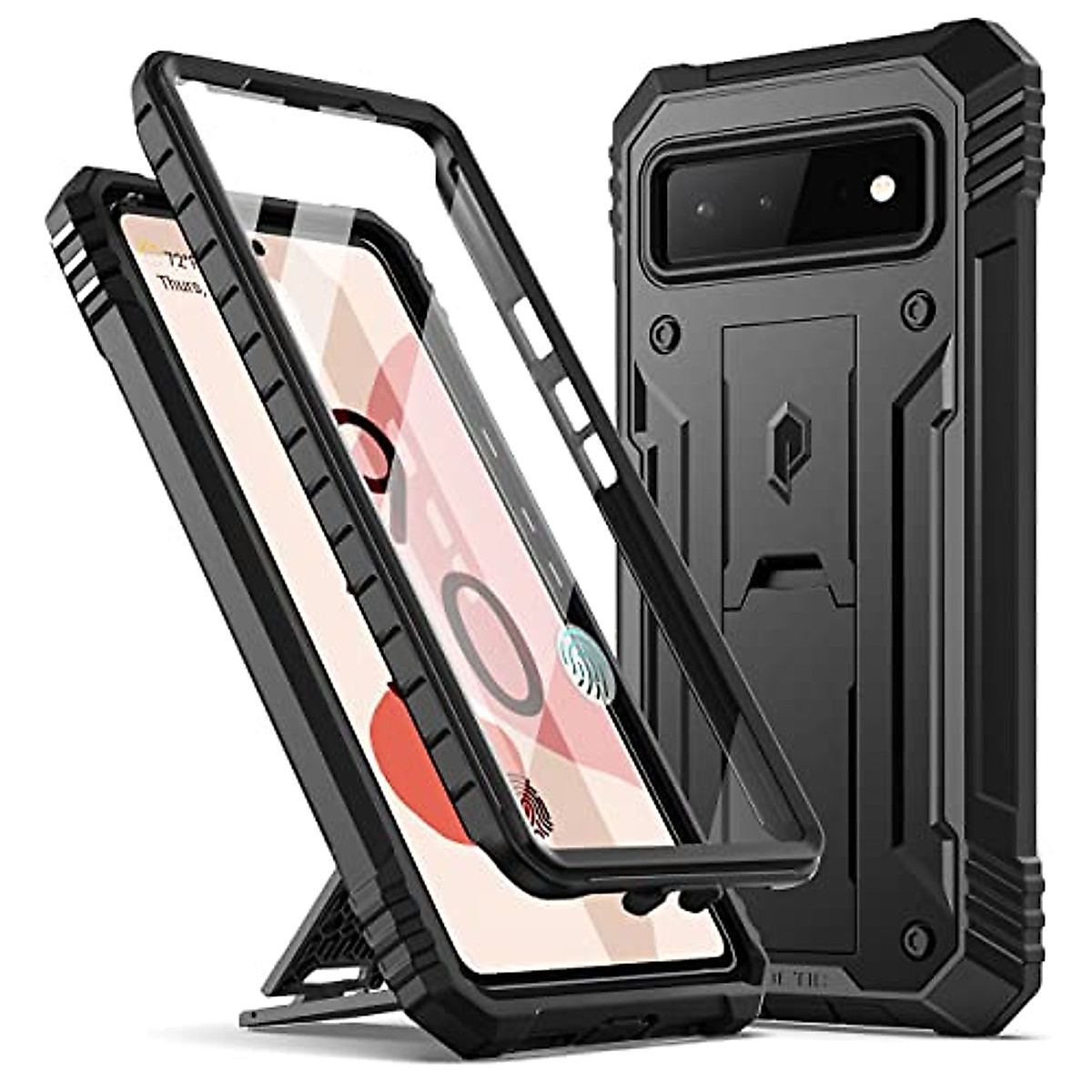 Poetic Revolution Case for Google Pixel 6 5G, Built-in Screen Protector Work with Fingerprint ID, Full Body Rugged Shockproof Protective Cover Case with Kickstand, Black