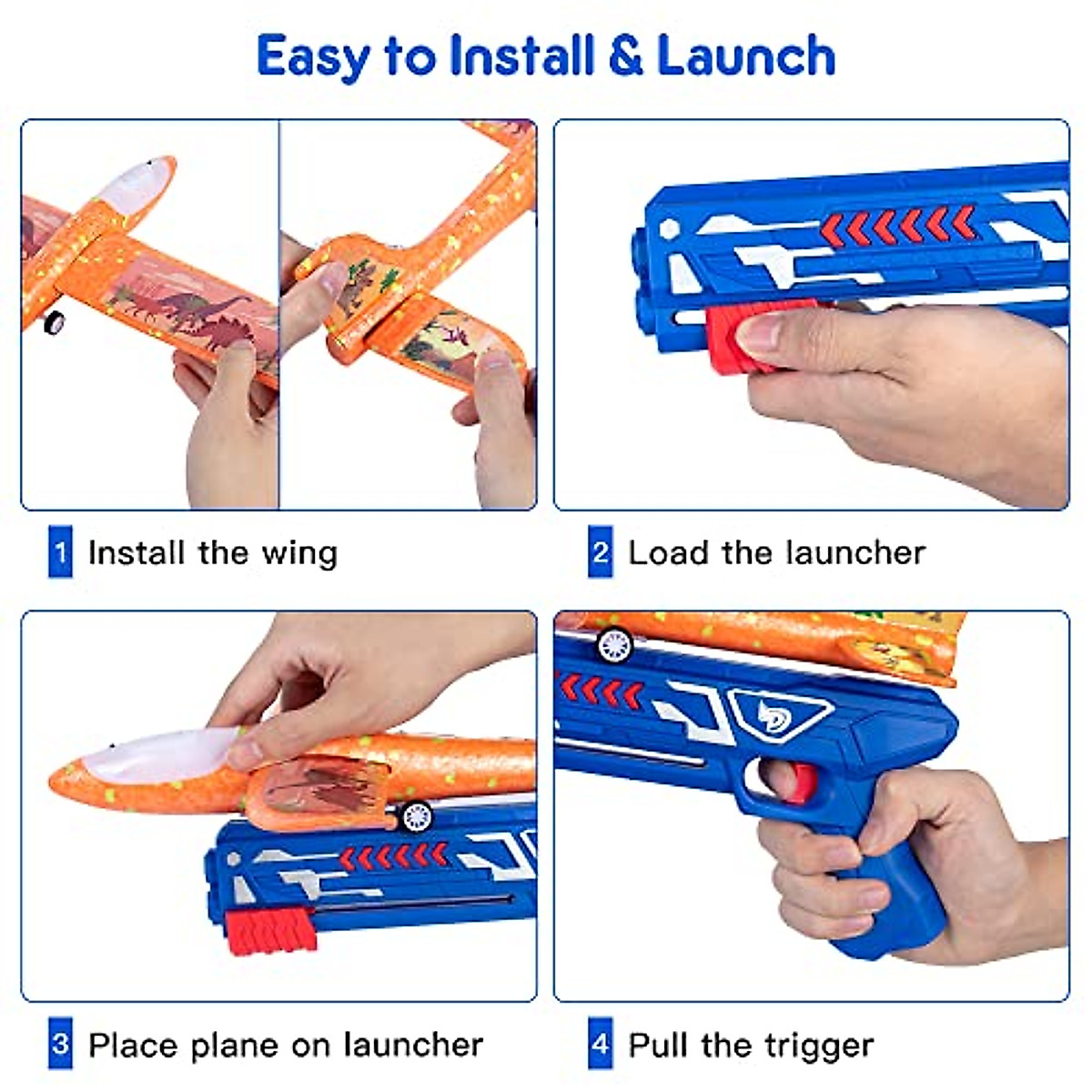 Lydaz 3 Pack Airplane Launcher Toys, 2 Flight Modes LED Slingshot Foam Airplanes for Kids with 3 DIY Stickers, Outdoor Sport Flying Toys Birthday Gifts for Boys Girls Age 3 4 5 6 7 8 10-12 Years Old