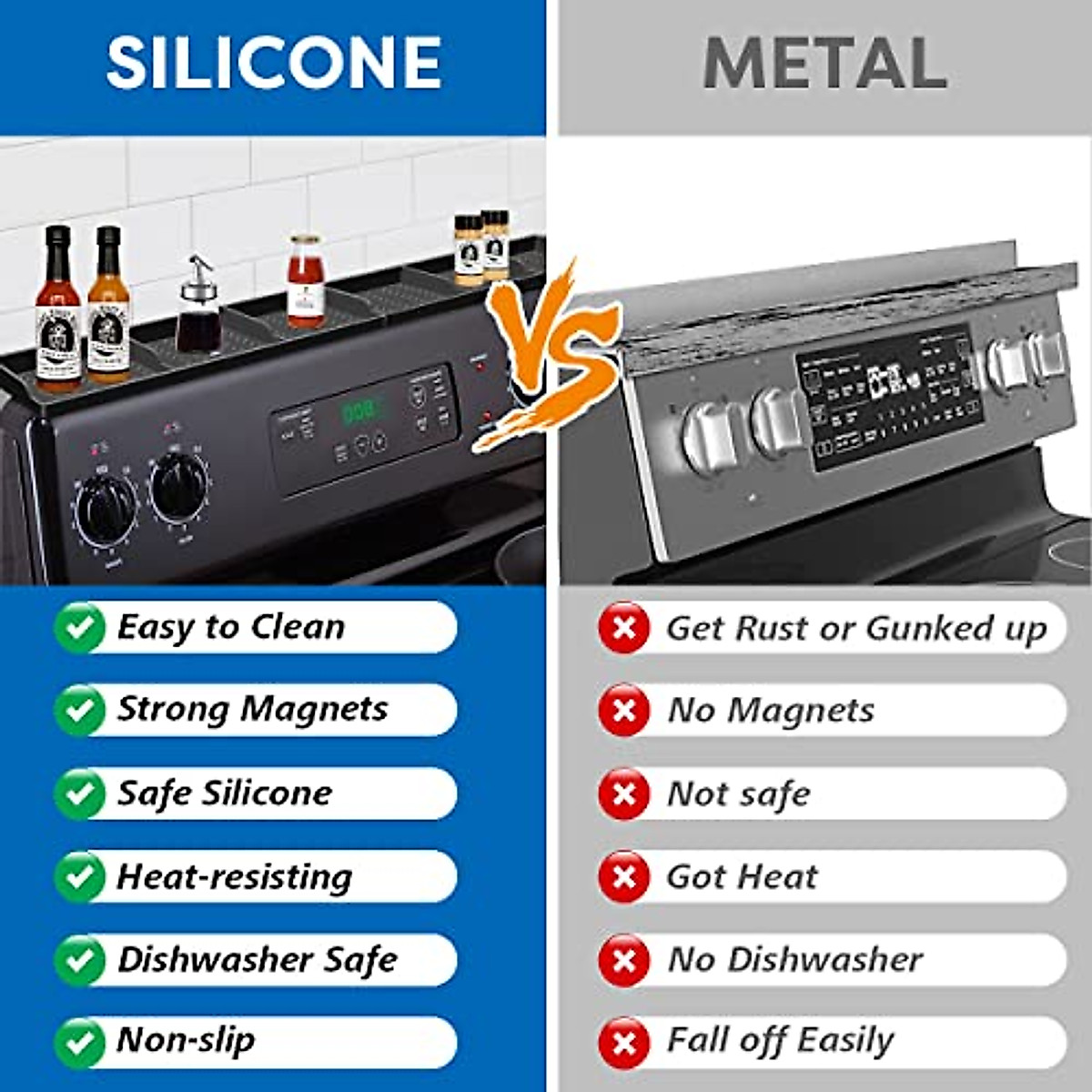 Stove Top Shelf Magnetic, Silicone Spice Rack Over Stove Shelf Back of Stove Flat, 30 Inch Magnet Top of Stove Kitchen Shelf Stove Organizer Above Stovetop Storage-Black