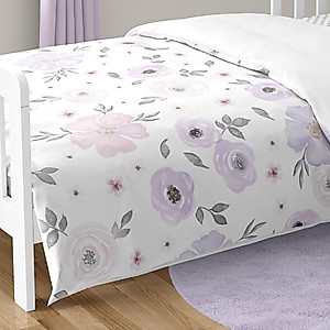 Sweet Jojo Designs Lavender Purple, Pink, Grey and White Shabby Chic Watercolor Floral Girl Toddler Kid Childrens Bedding Set - 5 Pieces Comforter, Sham and Sheets - Rose Flower Polka Dot