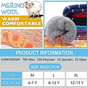 Anlisim Kids Merino Wool Ski Socks for Girls Boys Teen Thermal Winter Warm Thick Hiking Knee High Socks Stocking Stuffers for Skiing Snowboarding (Black / Grey / Blue B, 8-12 Y)
