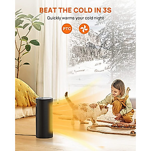 Space Heater for Indoor Use, 1500W Fast PTC Ceramic Heating, 3s Instant Heating, 70° Oscillating,Tip-Over Protection, Small Heater for Office, Bedroom and Desk Use, Black