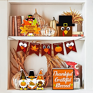 Thanksgiving Tiered Tray Decor Set - 9PCS Includes Turkey Wooden Gnome Signs Pumpkin Maple Leaf for Thanksgiving Home Indoor Kitchen Table Decorations(Tiered Tray Not Included)