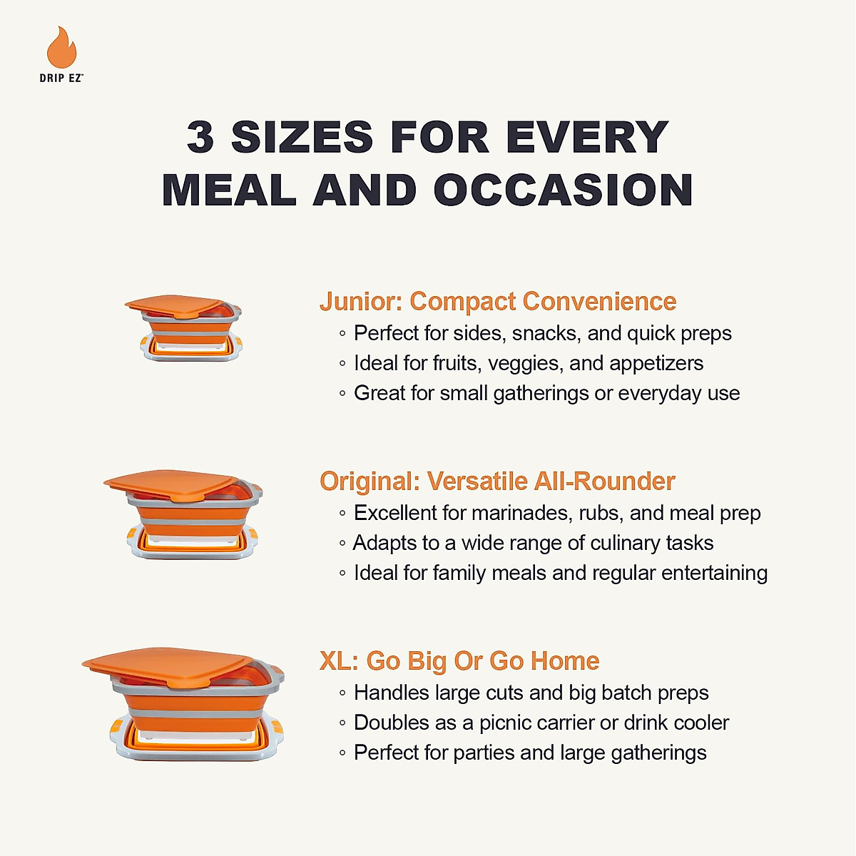 Drip EZ Collapsible BBQ Prep Tub - For Meal Prep, Marinating, Food Storage - Includes Cutting Board & Lid - (1) XL - Orange