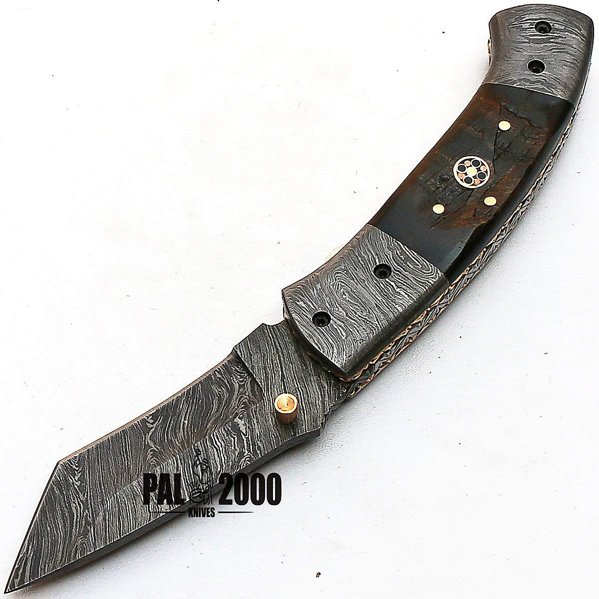 PAL 2000 KNIVES REG-8851 Custom Handmade Damascus Steel Folding Ram Handle Knife With Sheath