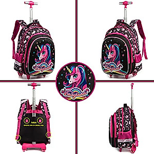 Egchescebo School Bags Kids Rolling Unicorn Backpack for Girls Luggage Suitcase With Wheels Trolley Wheeled Backpacks Travel Bags 3PCS Cat Backpack With Lunch Box Red…
