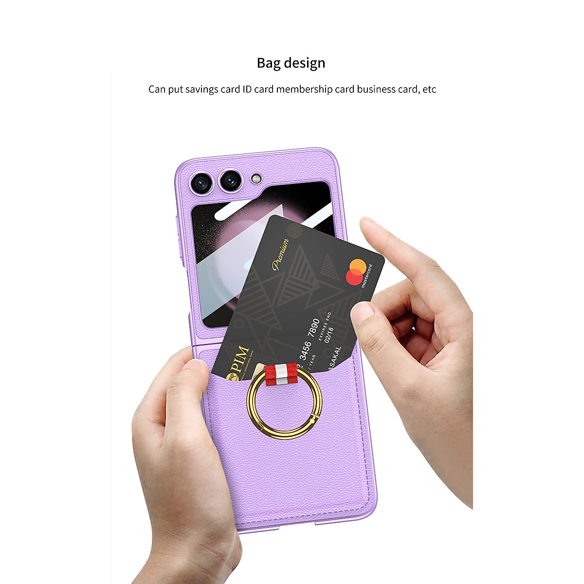 TECHY for Galaxy Z Flip 5 Case with Ring & Card Holder, Pocket Storage, Slim Leather Case, Key Ring Wallet Cover Built-in Screen Protector for Galaxy Z Flip 5 Case, Black