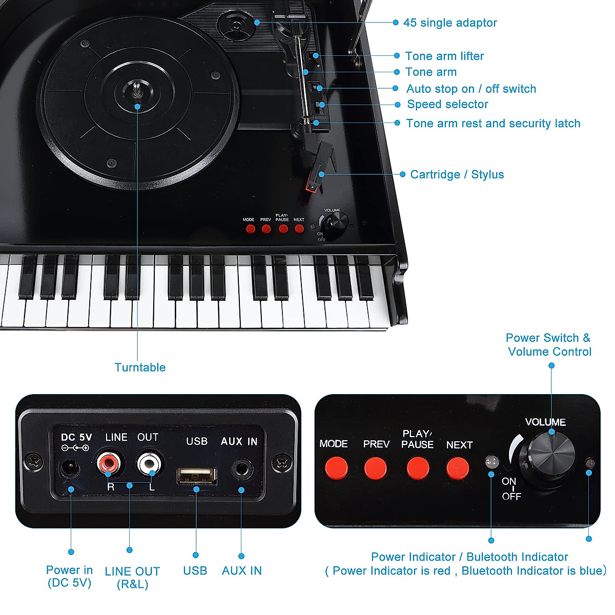 VOSTERIO Turntable HI-FI System with Dual Speakers, Belt-Driven Record Player with Bluetooth, Magnetic Cartridge, Built-in Amplifier
