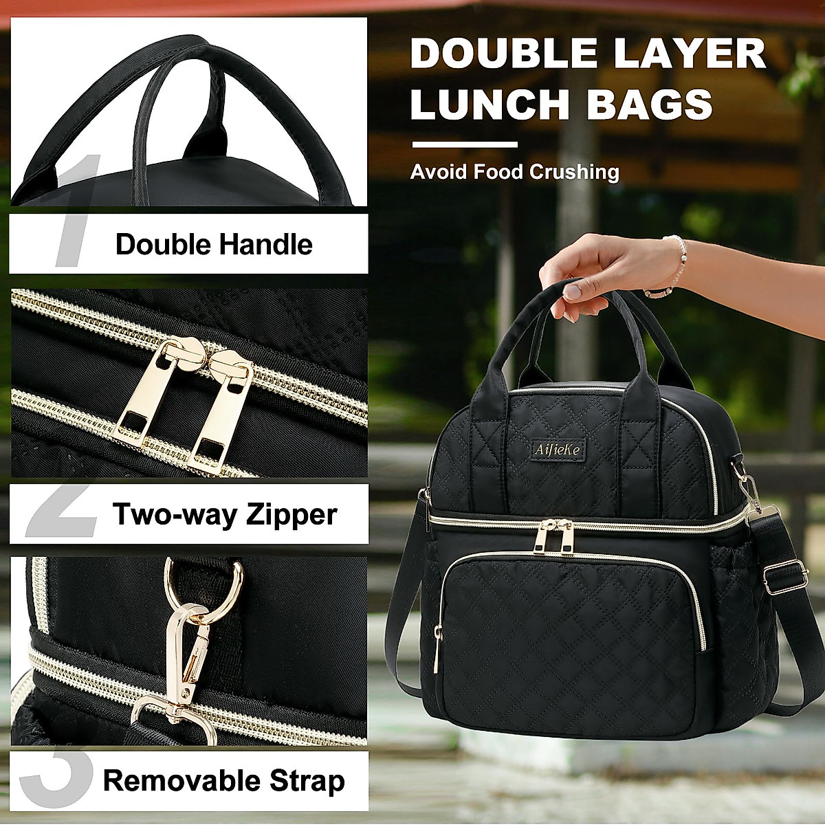 AIJIEKE Lunch Bag for Men Women, Dual Compartment Lunch Box Insulated Lunch Bags, Large Adult Double Deck Leak Proof Lunch Tote Cooler with Adjustable Shoulder Strap for Work Picnic Beach, Black