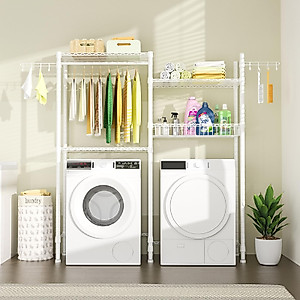 Ulif Clothes Drying Rack, Over Washer and Dryer Laundry Room Storage Shelf, Bathroom Towel Rack Space Saver with Adjustable Shelves, Wire Basket, and Rotatable Hooks, 63.4"L x 13.4"D x 76.7"H, White