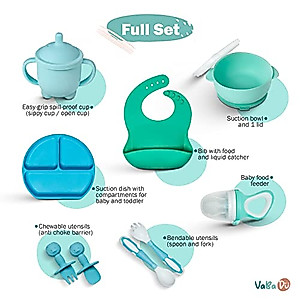 VaBa Du Baby Feeding Set - 10-Pack - Easy Baby Led Weaning - Adjustable Bib, Food Feeder, Utensils, Dish & Suction Bowl with Lid, and Sippy Cup