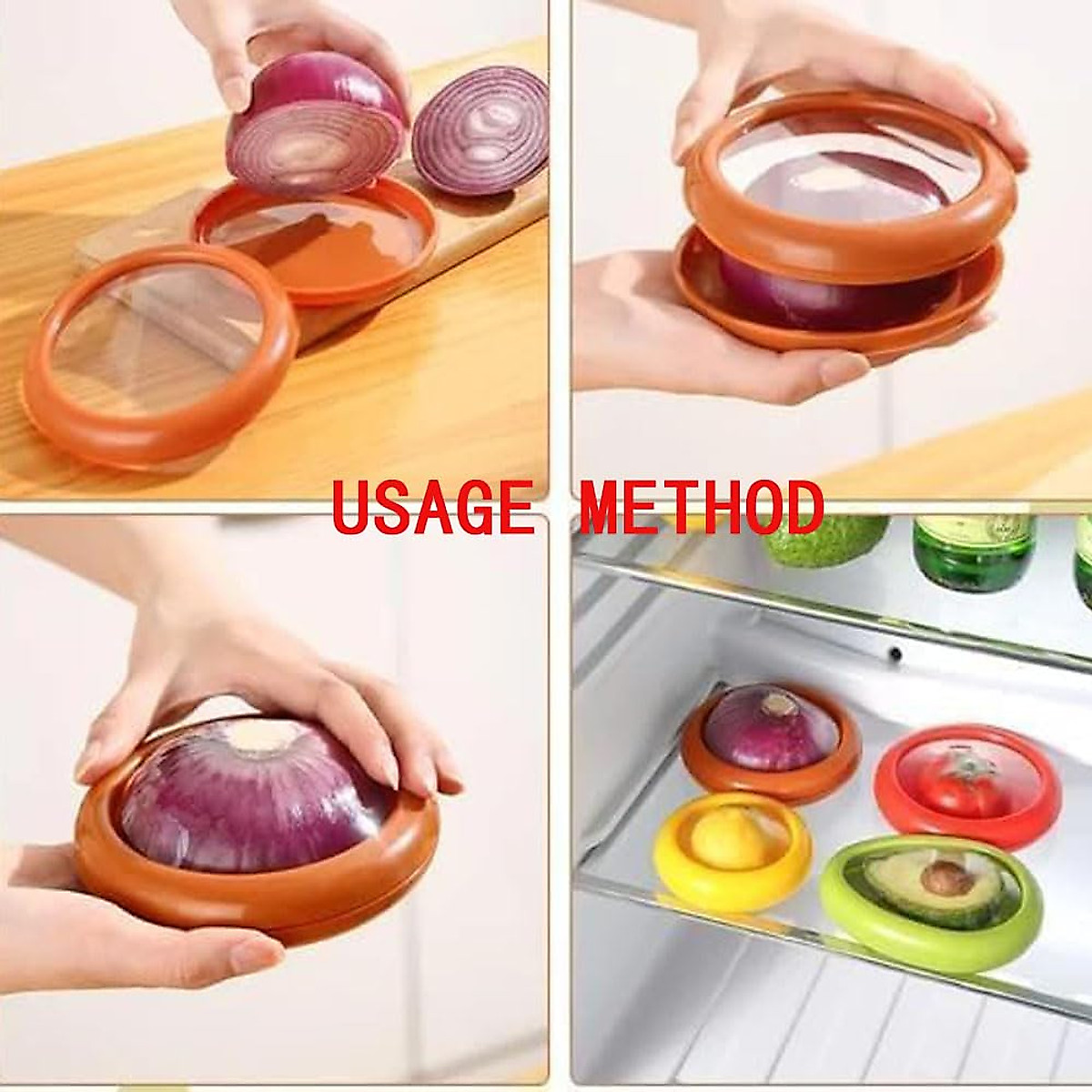 4PCs Silicone film cover+ABS Fruit and Vegetable Storage Containers Set for Fridge, Onion Storage Container, Avocado keeper,Tomato Saver,and Lemon holder reusable food savers