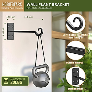 HOBITSTARX Heavy Duty Plant Hangers Outdoor- Hand-Forged Hanging Plant Brackets - 2 Pack 12 Inch Black Wrought Iron Wall Plant Hooks for Hanging Plants, Lanterns, Bird Feeders