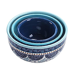 Bico Blue Talavera Ceramic Bowl with Air Tight Lid Set of 3(27oz, 18oz, 9oz each), Prep bowls, Food Storage Bowl for Salad, Snacks, Fruits, Microwave and Dishwasher Safe