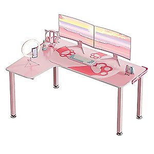 DESIGNA Pink Gaming Desk, 60 inch Pink L Shaped Gaming Desk, with Full Covered Cute Pink Desk mat for Girl Gaming Desk Pink, Easy to Assemble, Left Side